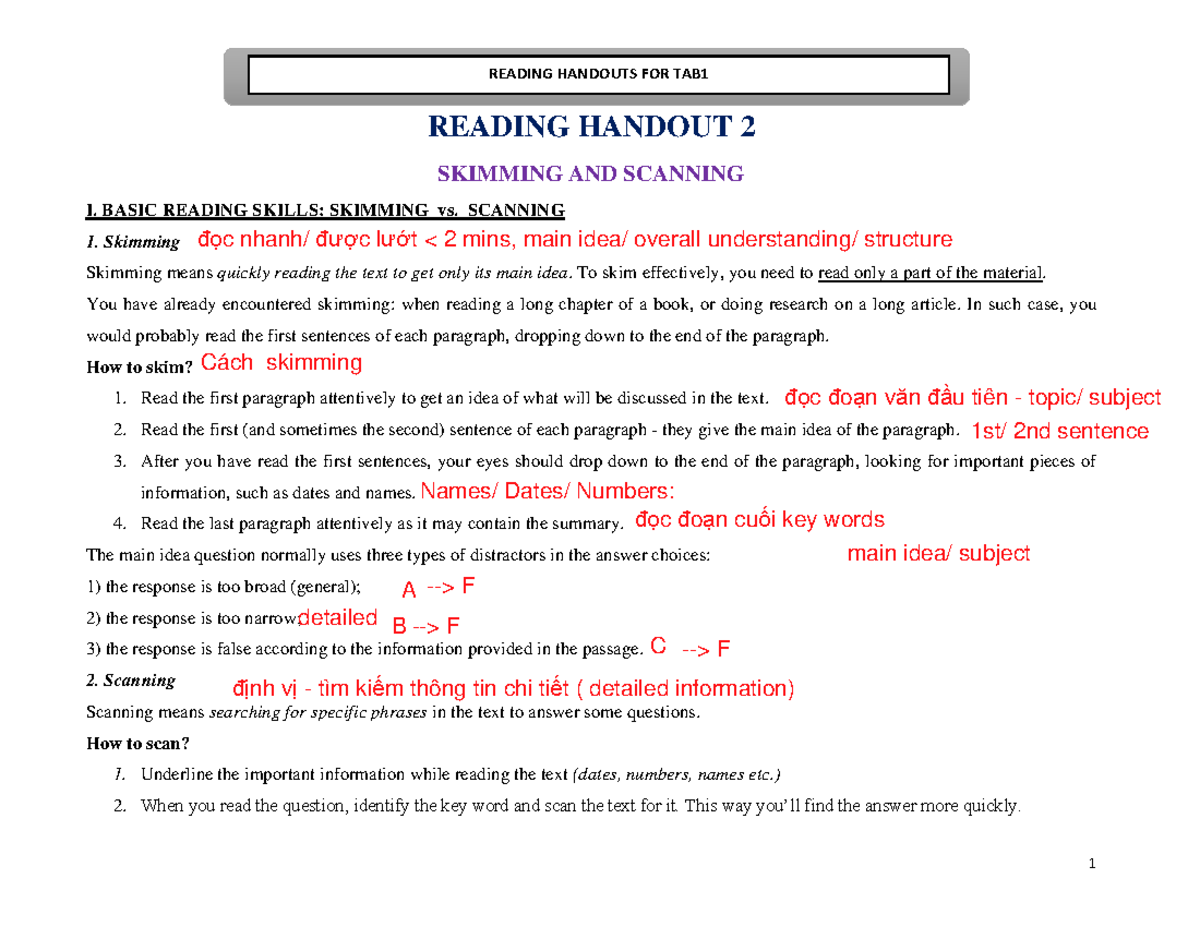 Reading Handout 2 Skimming & Scanning Vu Trang Ulis - READING HANDOUT 2 ...