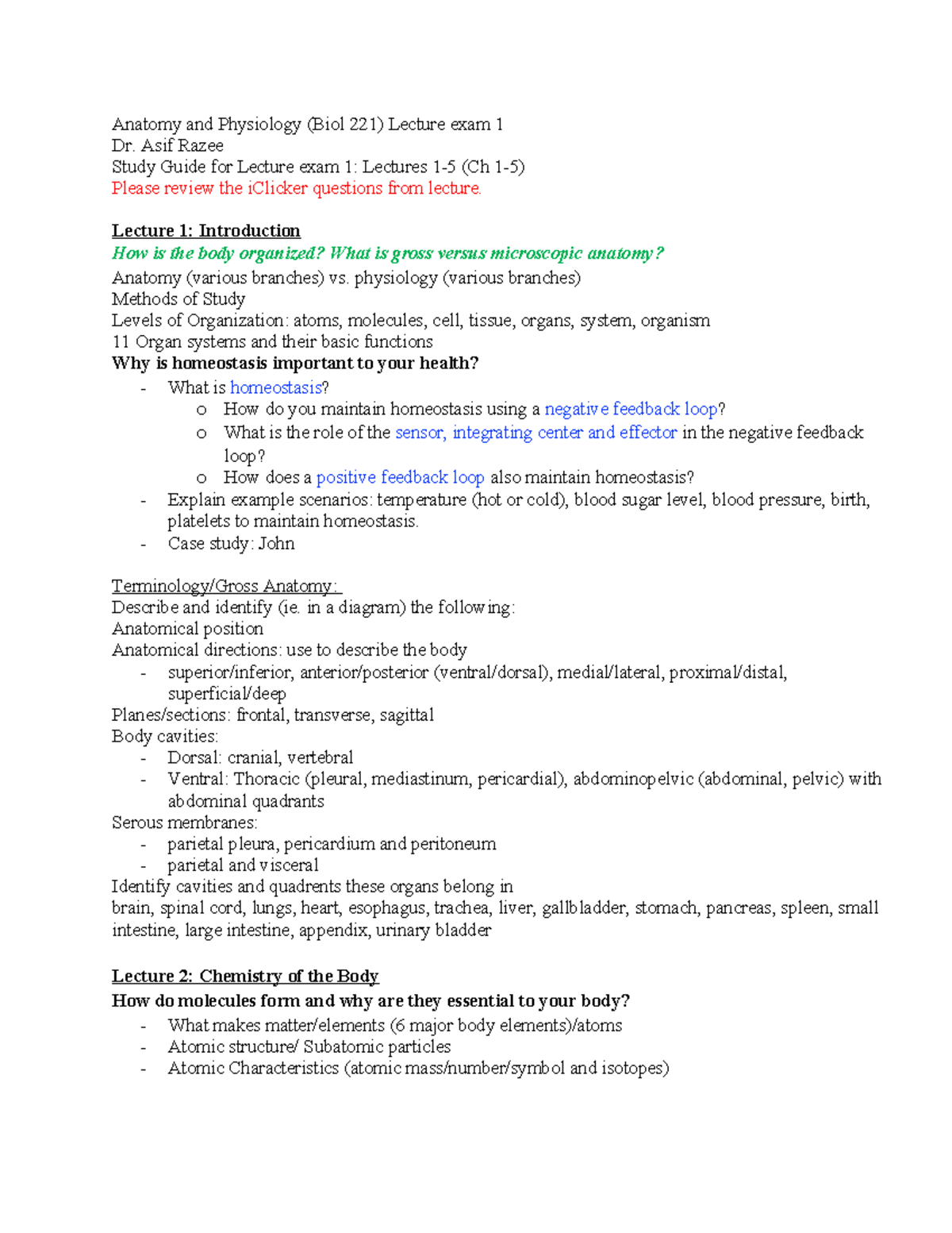 Study Guide for Anatomy & Physiology (Biol 221) Lecture Exam 1 ...