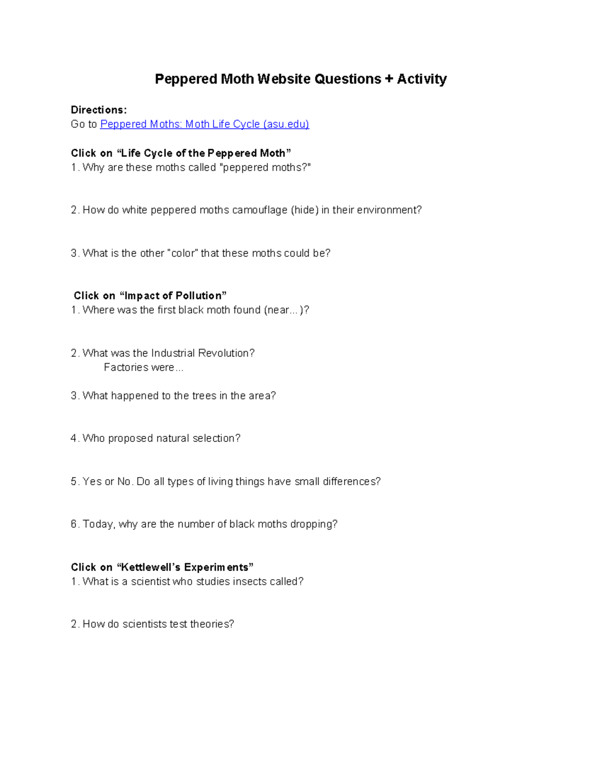 BIO101 - Peppered Moth Online Assignment Questions & Activity Guide ...