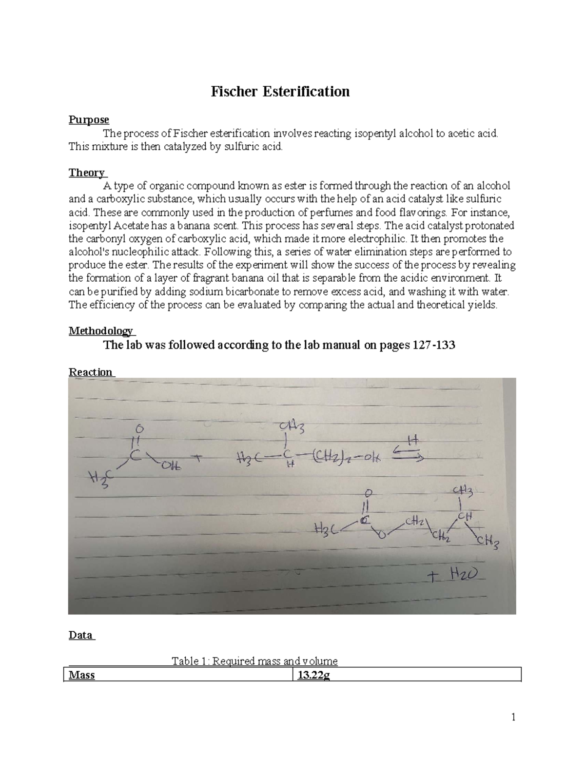 CHEM 254 Fischer Esterification Lab Report: Isopentyl Acetate Synthesis ...