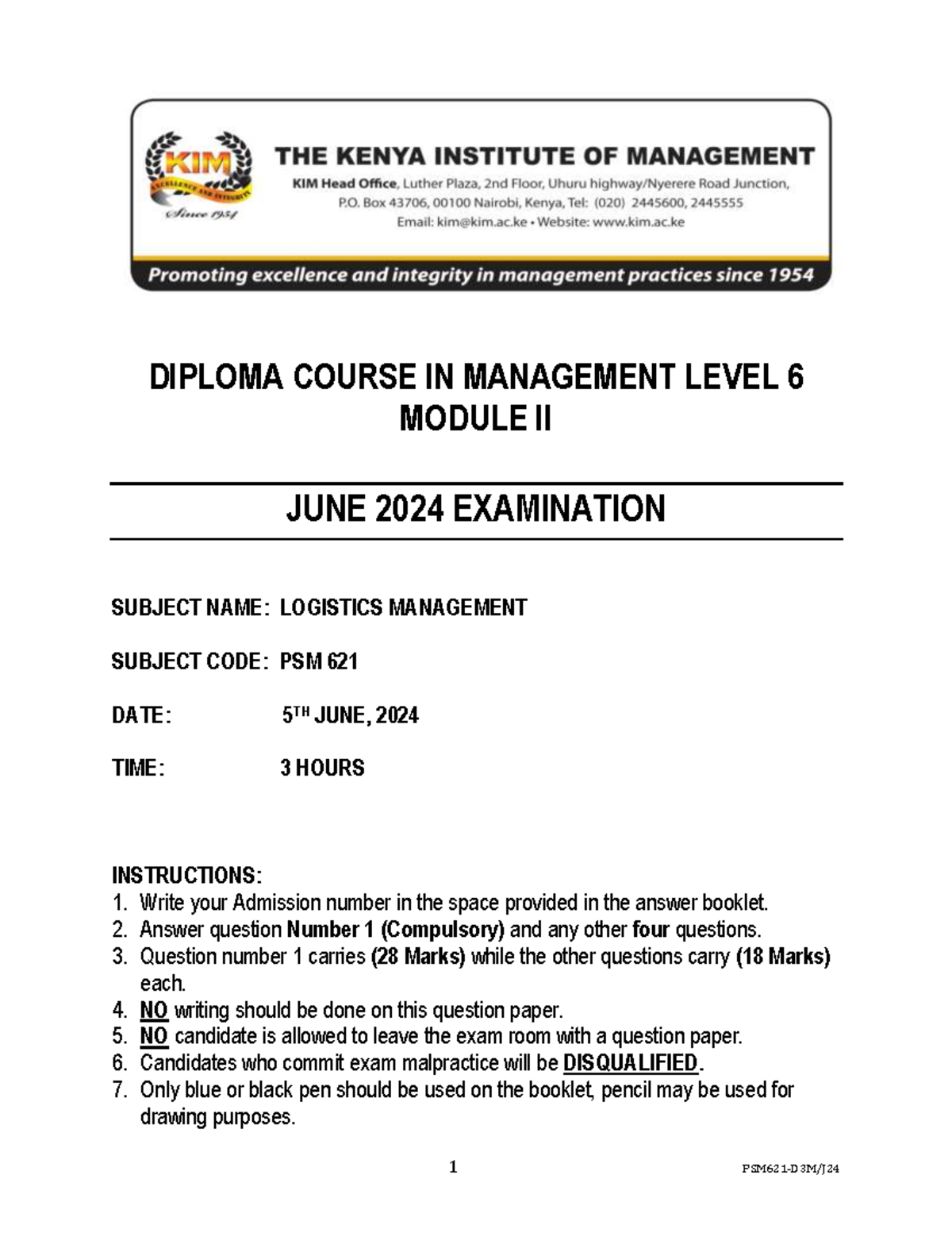 PSM 621 - Logistics Management Level 6 Exam Past Paper June 2024 - Studocu