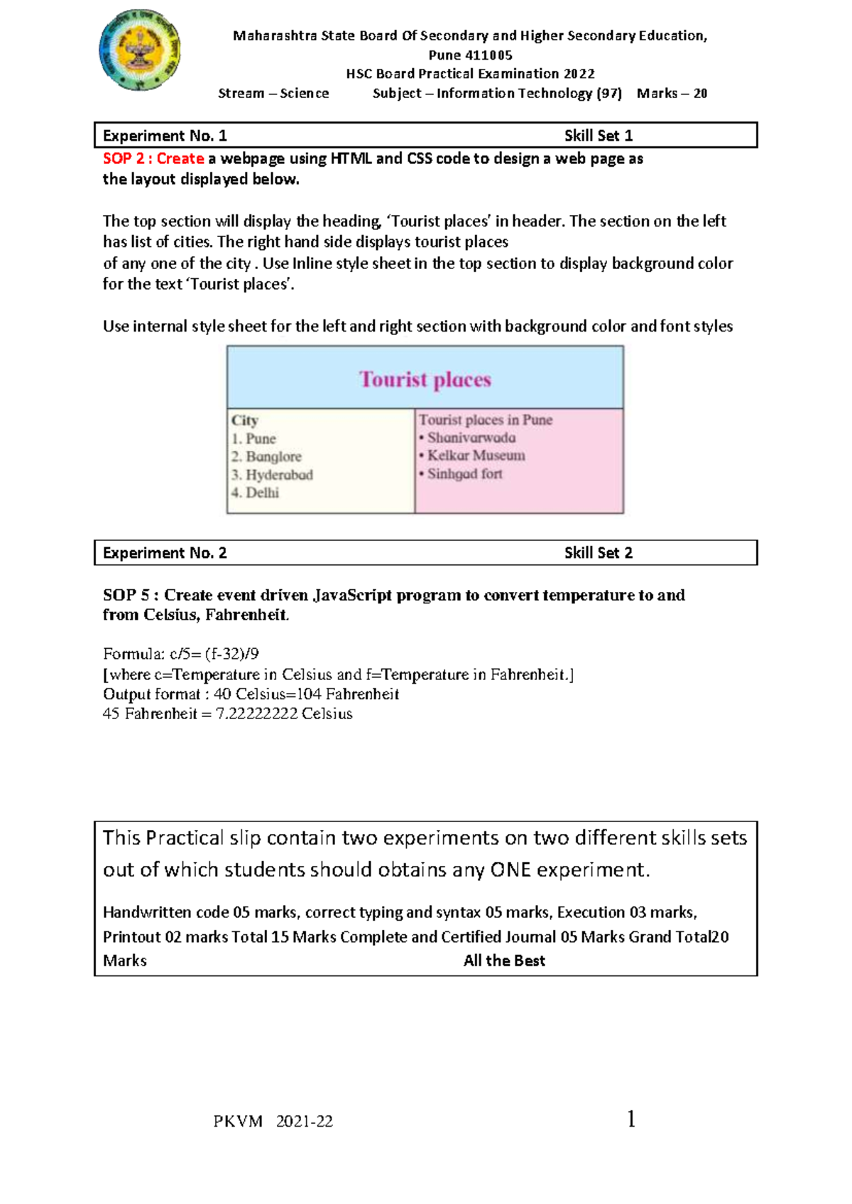 Science IT Board Practical Slips - Pune 411005 HSC Board Practical ...