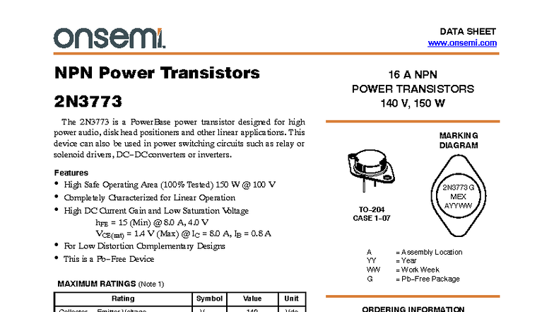 DATA SHEET: 2N3773 NPN Power Transistor Specifications - Studocu