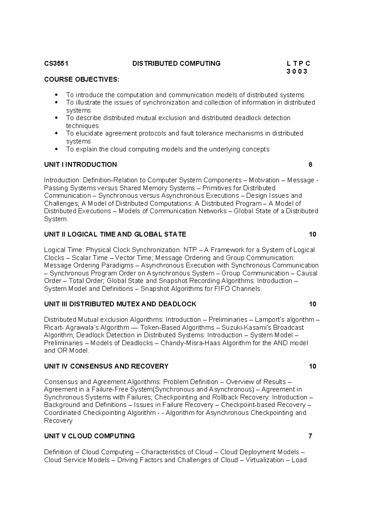 CS3551 - Distributed Computing Course Syllabus Overview - Studocu