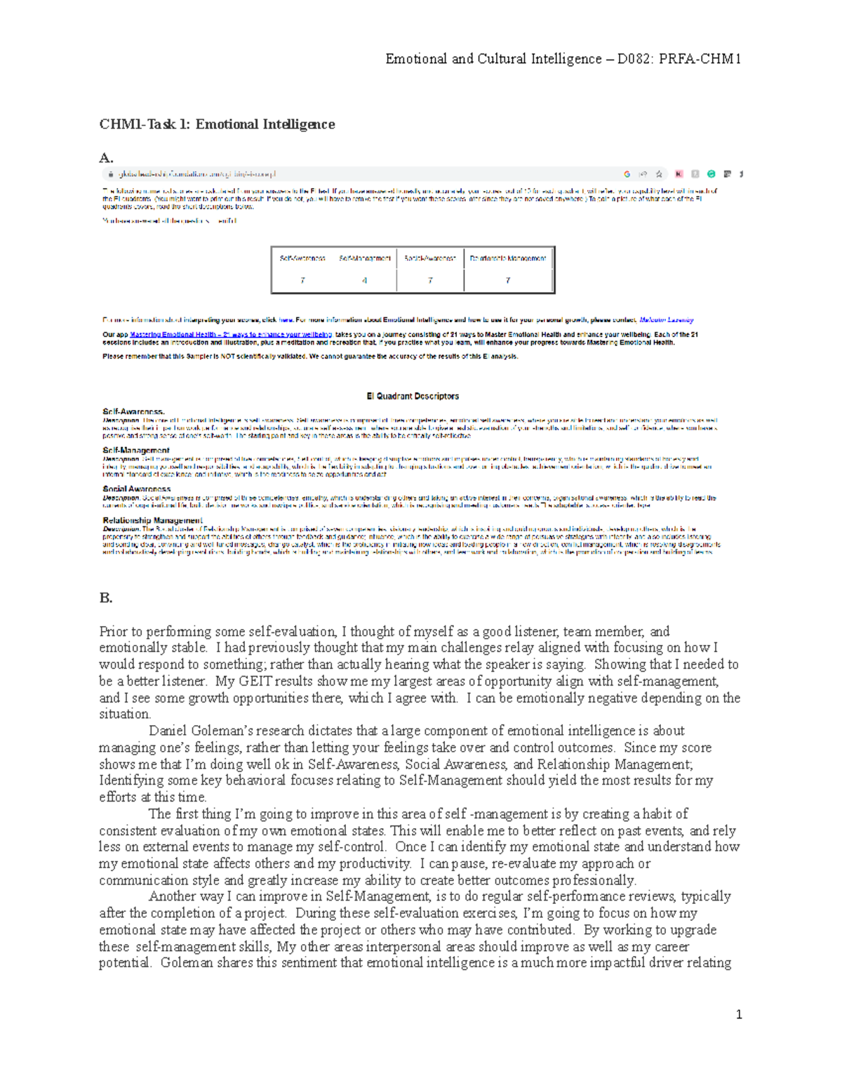 CHM1 - Task 1 - Task 1 - Emotional and Cultural Intelligence – D082: PRFA-CHM CHM1-Task 1 ...