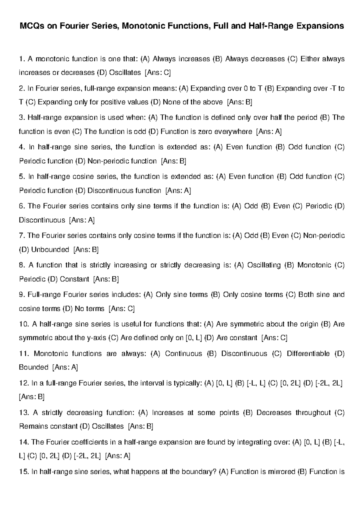 Fourier Series MCQs for BSc 6th Sem Revision - Studocu