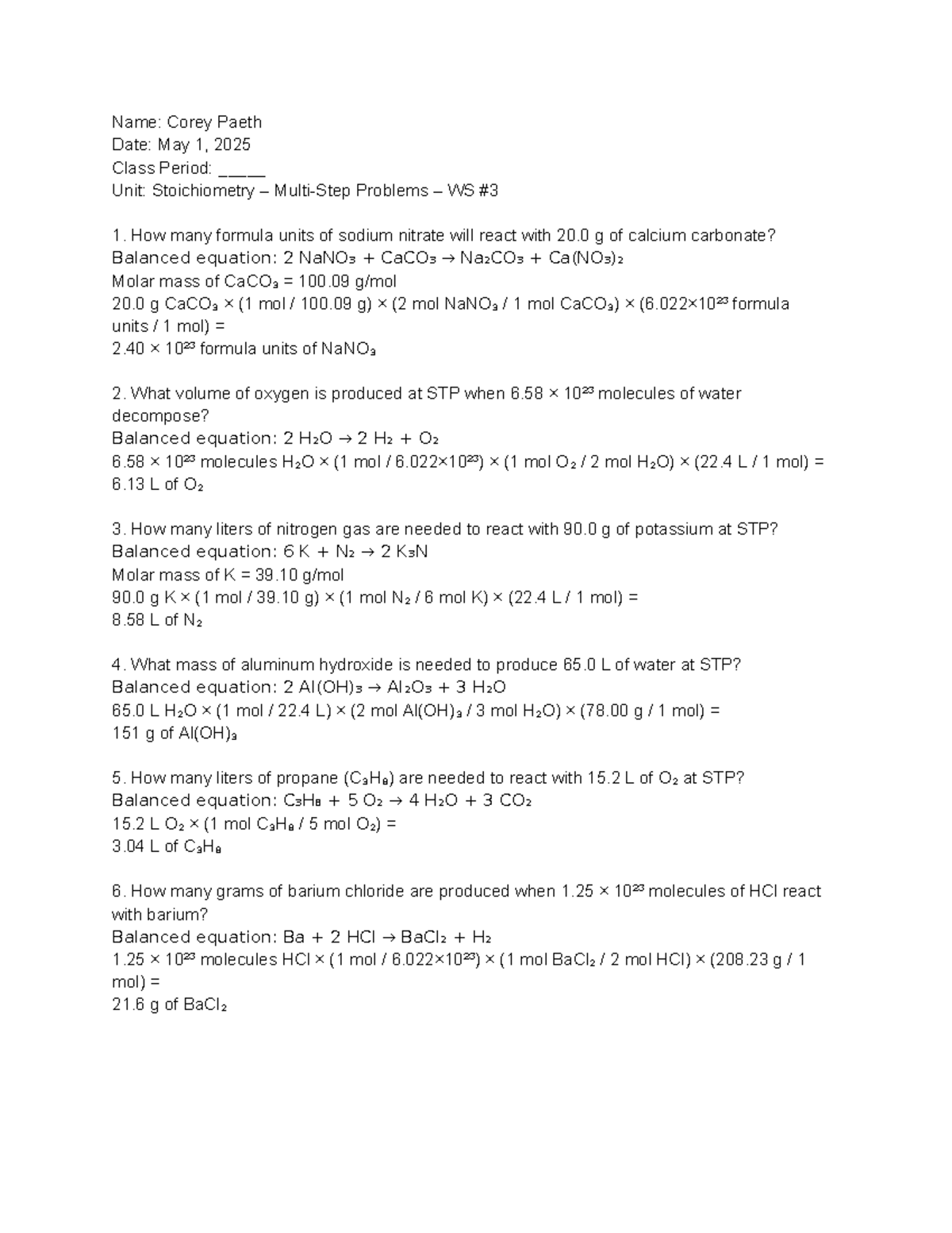 Stoichiometry Multi-Step Problems – WS #3 Solutions and Examples - Studocu