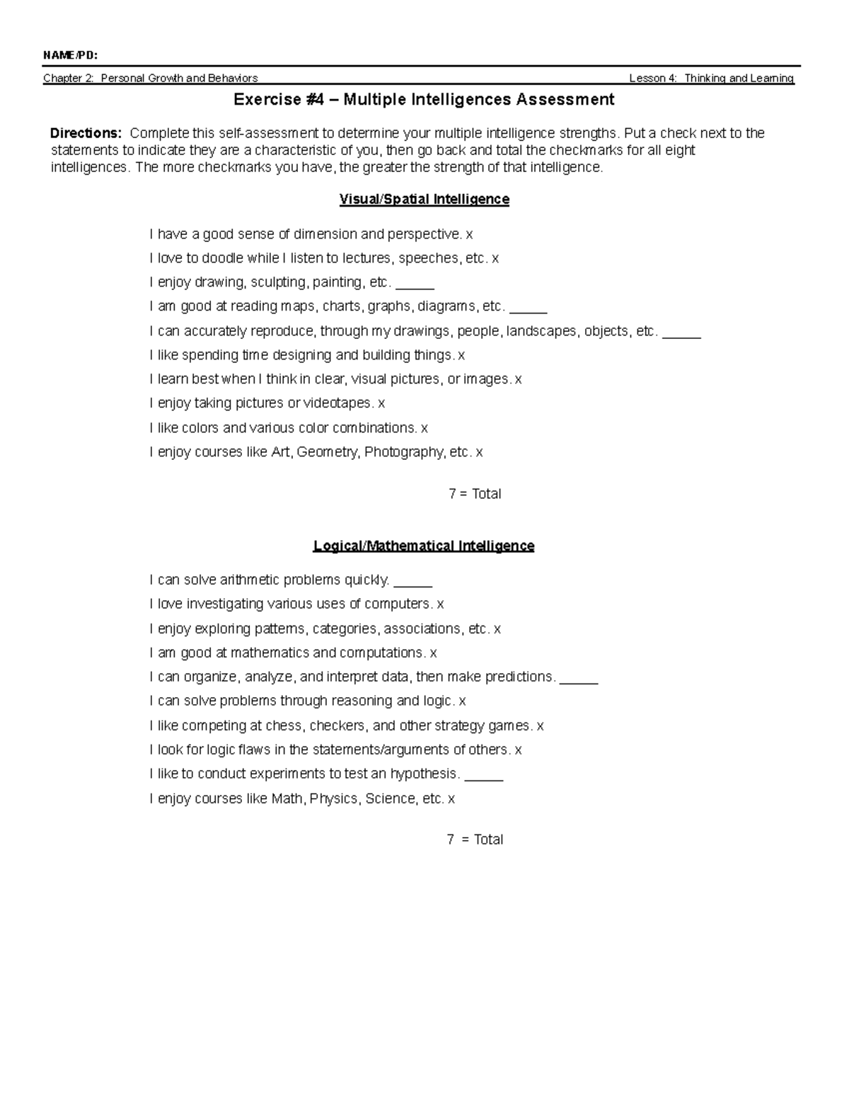 U1C2L4A4: Multiple Intelligences Assessment Exercise - Studocu