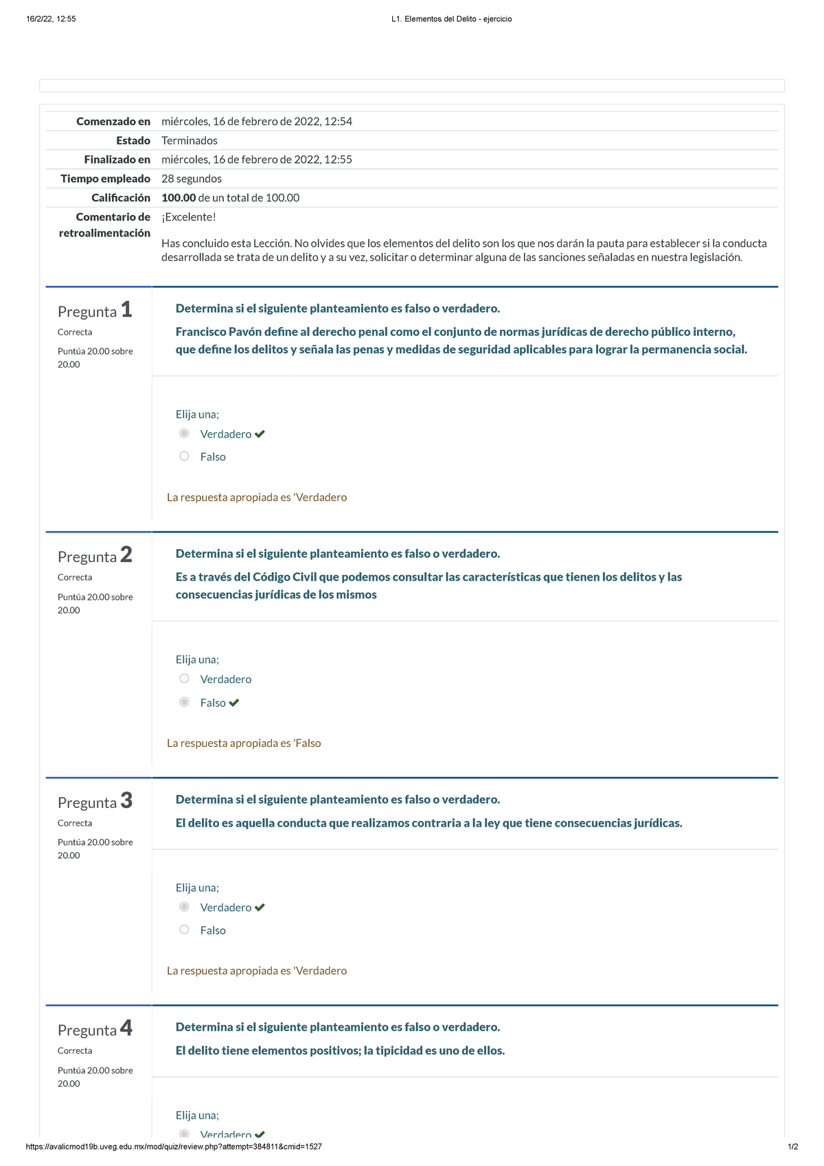 L1. Ejercicio sobre Elementos del Delito - Respuestas Correctas - Studocu