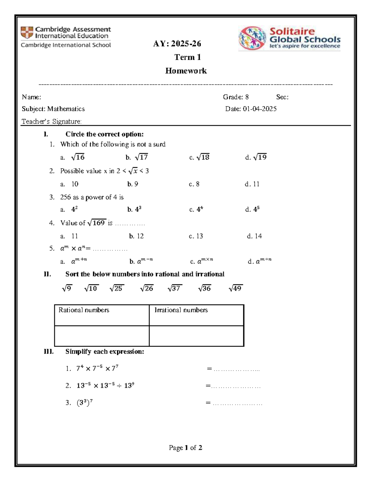 SC1634: Term 1 Math Homework for Grade 8 - Surds & Rational Numbers ...