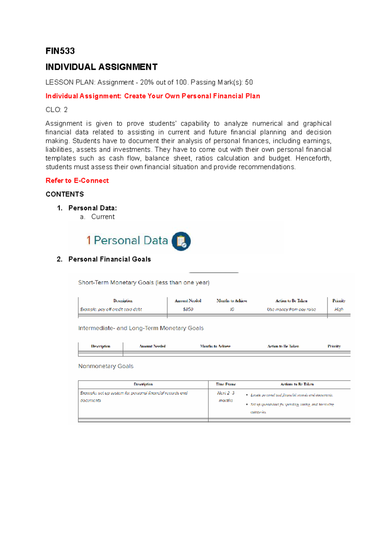 FIN533 Individual Assignment: Personal Financial Plan Guidelines - Studocu