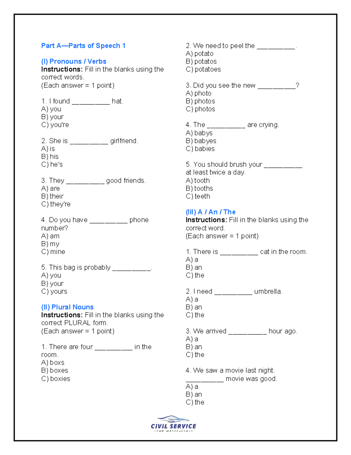 Verbal Ability Practice: Part of Speech 1 & 2 Exercises and Answers ...