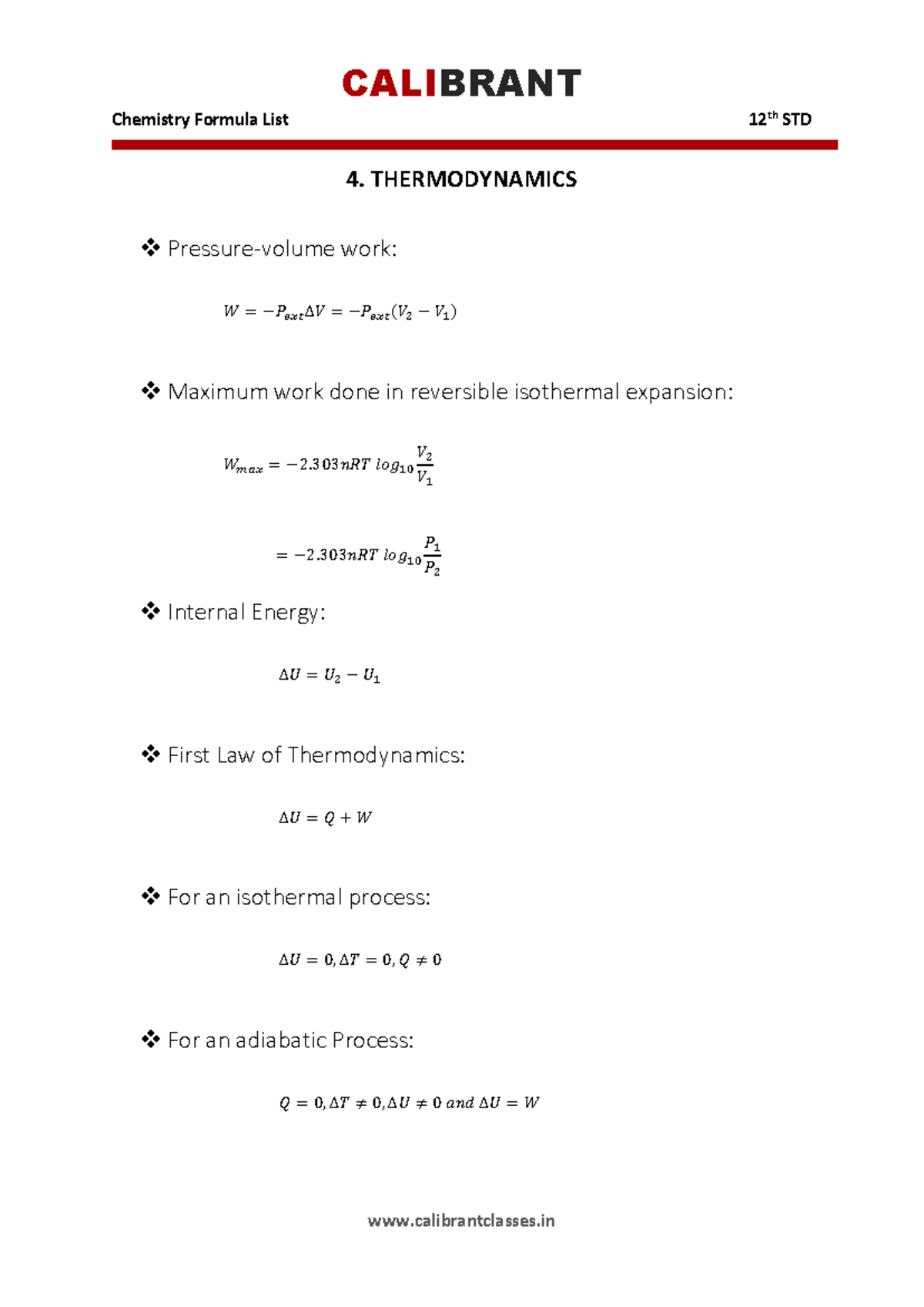 Calibrant 12th STD chemistry formula list: Thermodynamics notes - Studocu