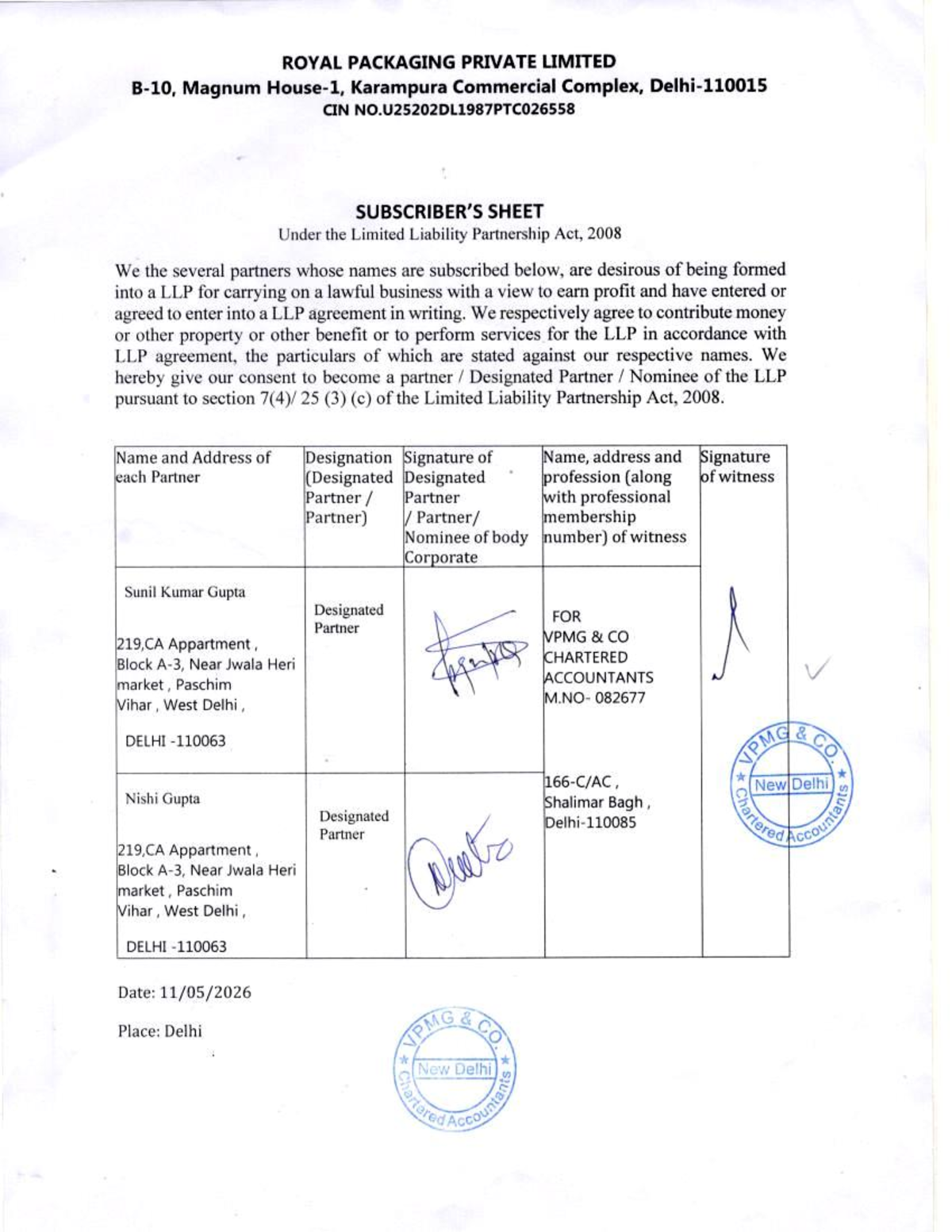 Subscriber Sheet for LLP Formation - ROYAL PACKAGING PVT LTD - Studocu