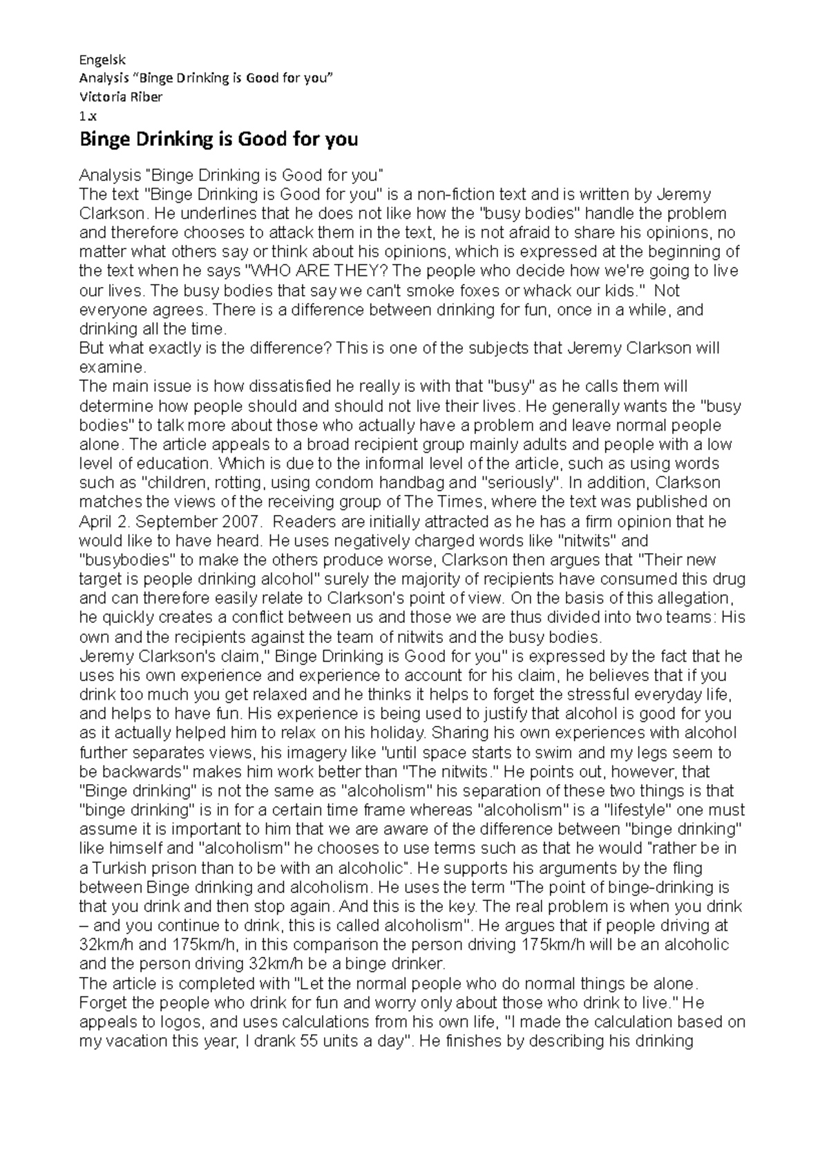 Engelsk Essay Analysis: Binge Drinking is Good for You - V. Riber 1.x ...