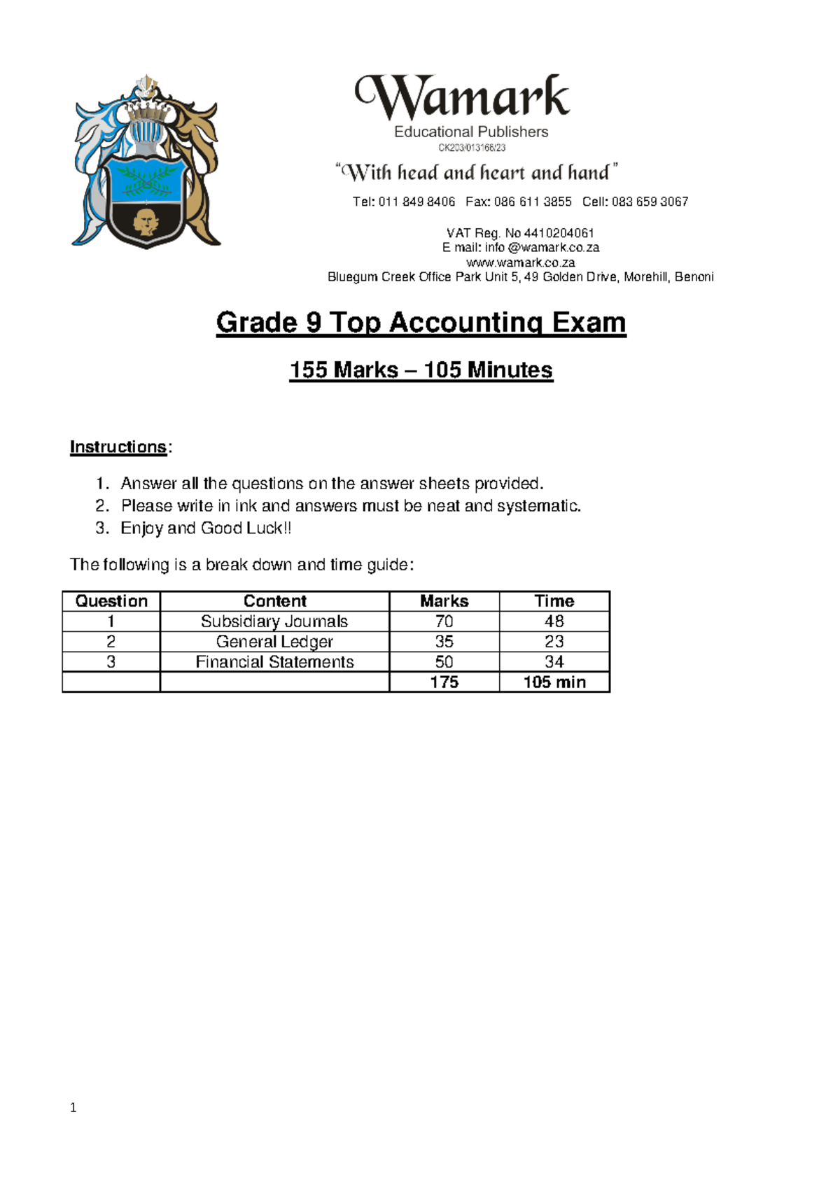 Accounting Grade 9 November Exam Review and Practice Paper - Studocu