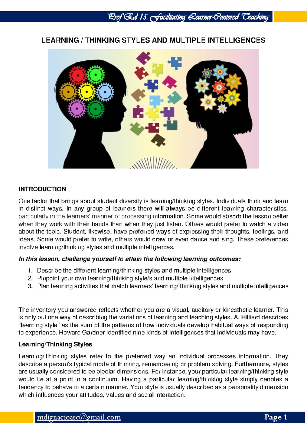 Learning/Thinking Styles & Multiple Intelligences Overview (EDU 101) - Studocu