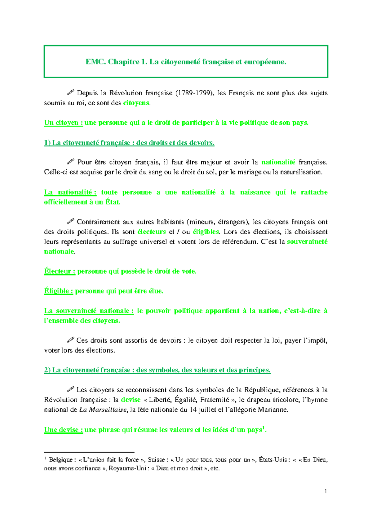 EMC Chapitre 1 : La Citoyenneté Française et Européenne - Studocu