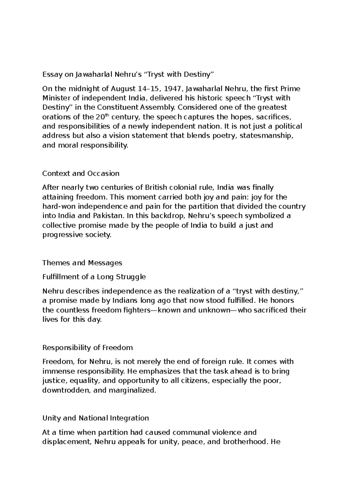 Tryst with Destiny: Essay Notes on Jawaharlal Nehru's Speech - Studocu