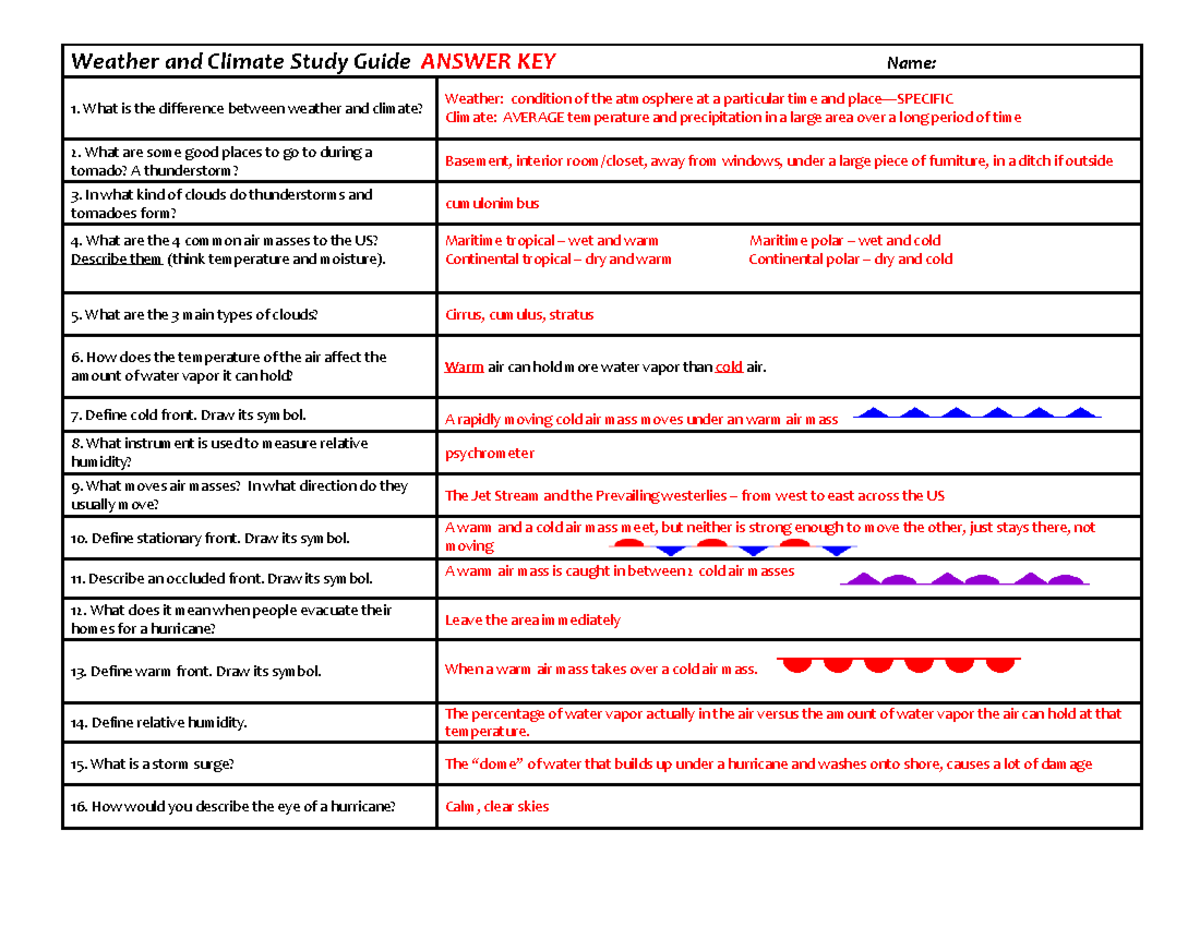 17.18 Weather and Climate Study Guide Answer Key with Explanations ...
