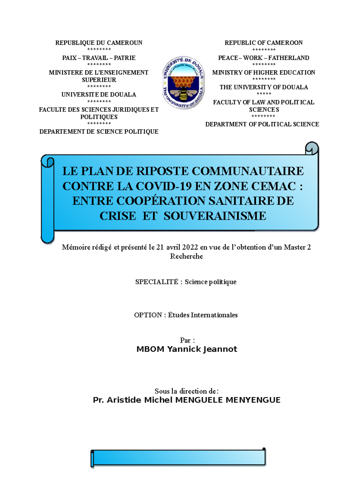 Première de couverture - Mémoire rédigé et présenté le 21 avril 2022 en vue de l’obtention d’un ...