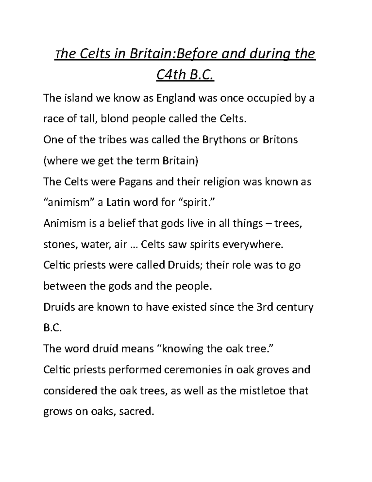 The Celts in Britain and the romans occupation - short notes for UK ...