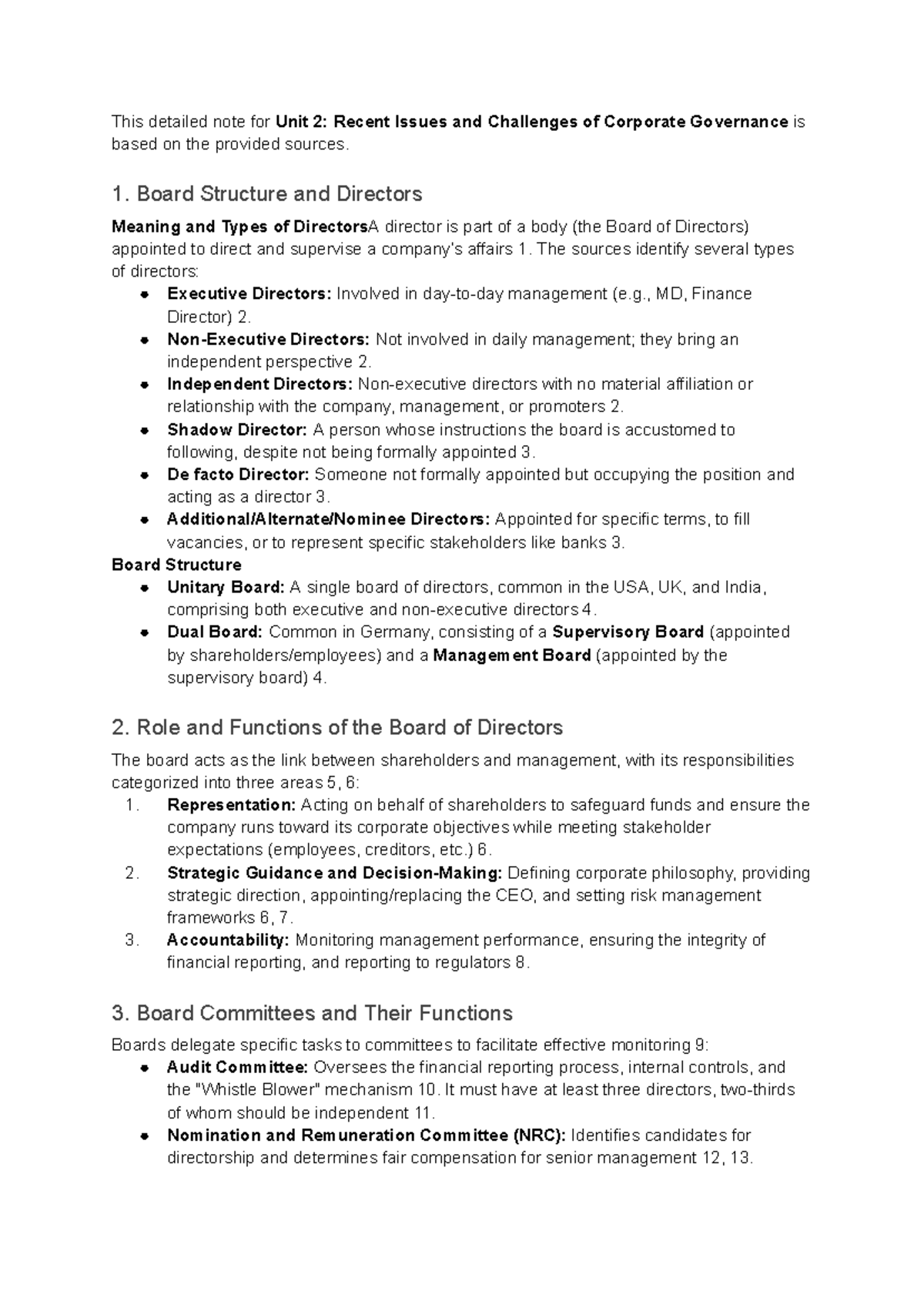 Unit 2: Recent Issues & Challenges in Corporate Governance Notes - Studocu