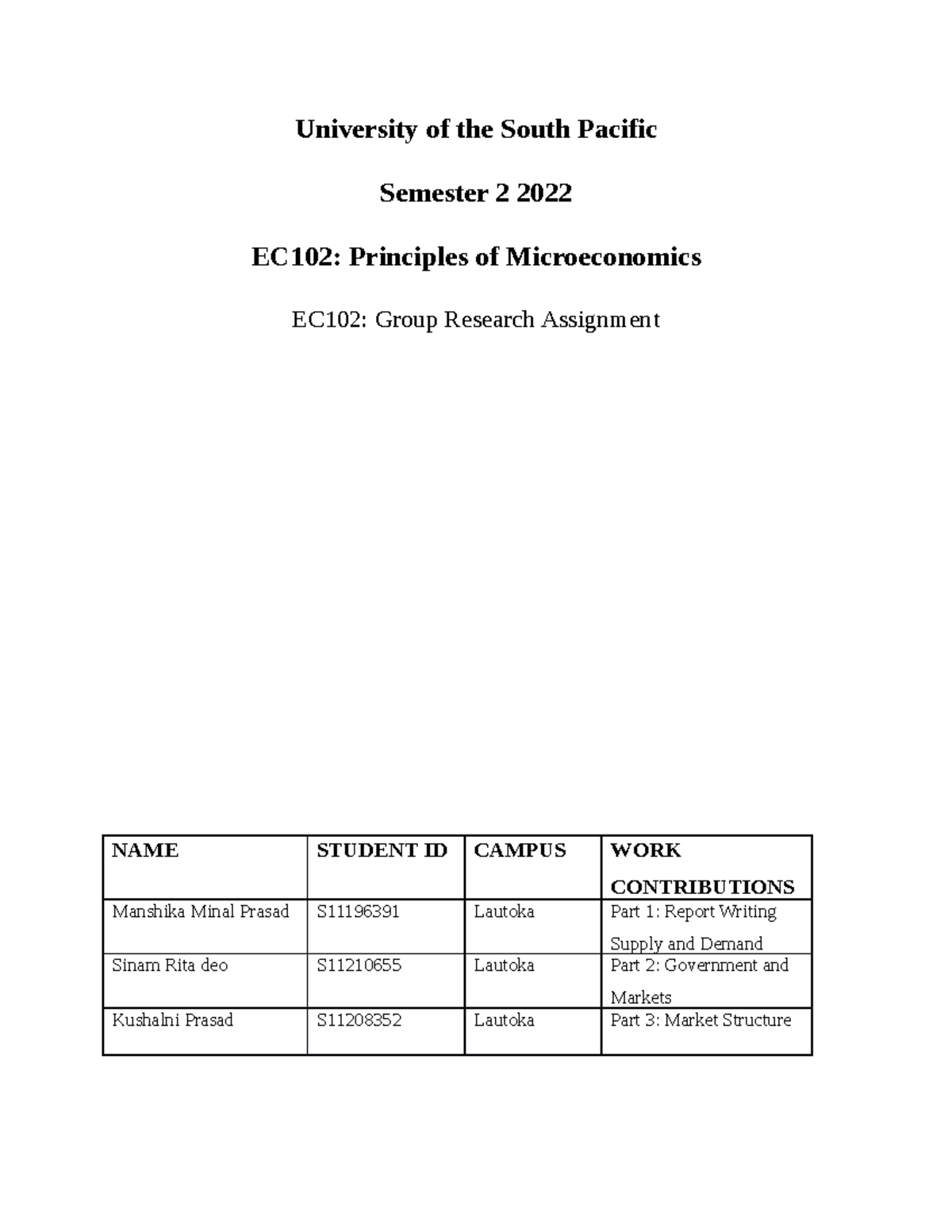 EC102 Group Research Assignment - University of the South Pacific ...