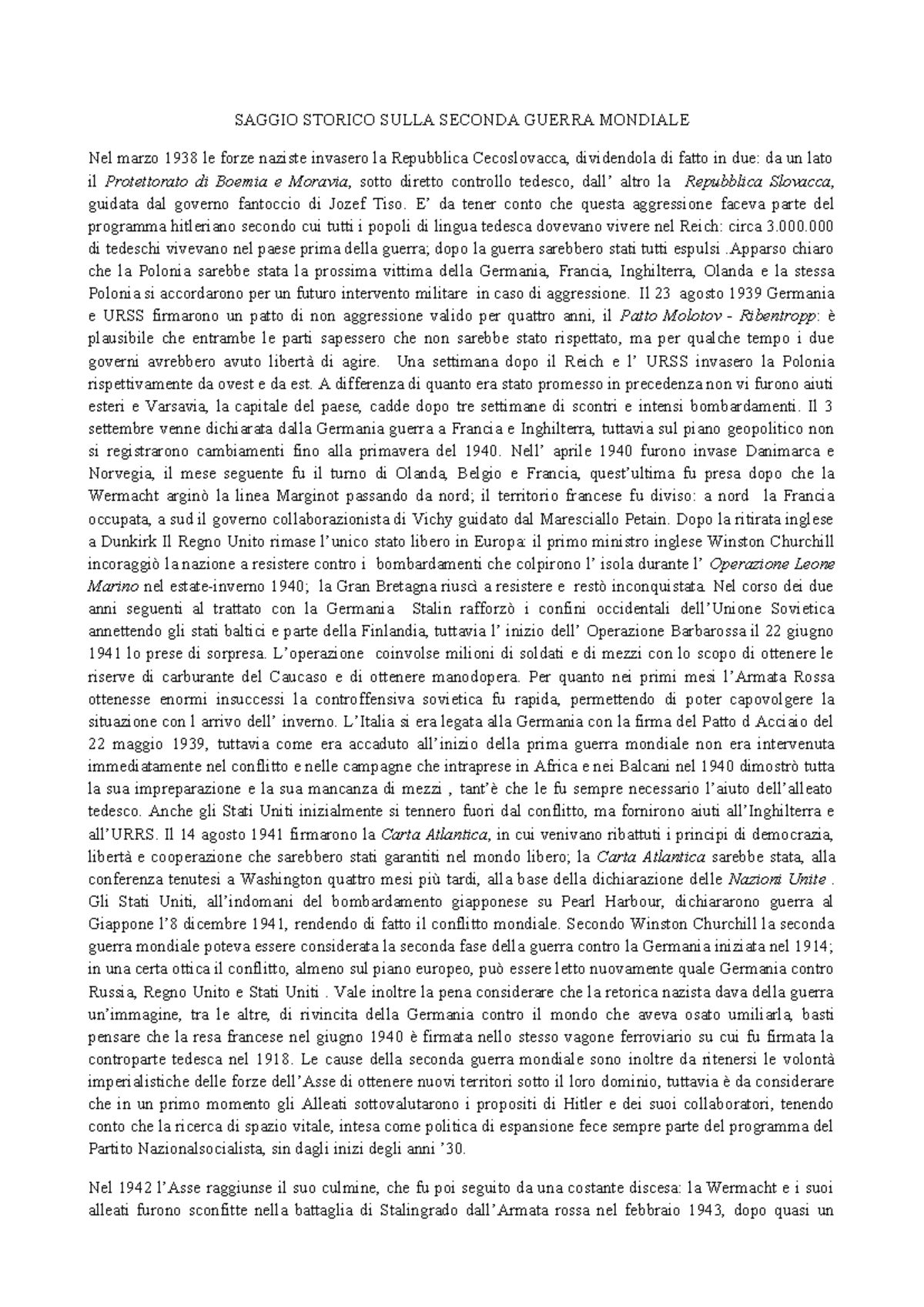 Saggio Storico Sulla Seconda Guerra Mondiale - SAGGIO STORICO SULLA ...