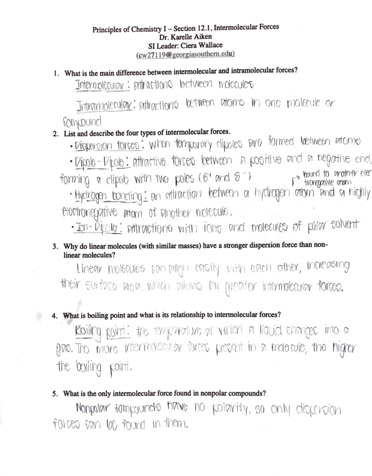 Intermolecular Forces Answer Key - Principles of Chemistry I - Studocu