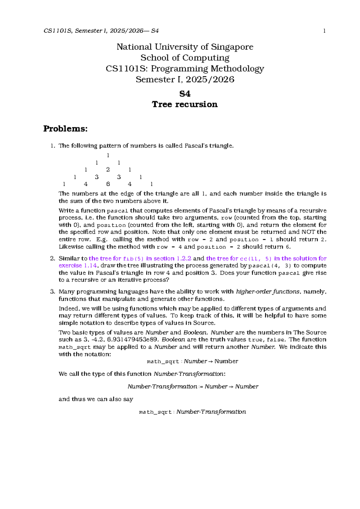 CS1101S: Semester I, S4 Tree Recursion Problems and Solutions - Studocu
