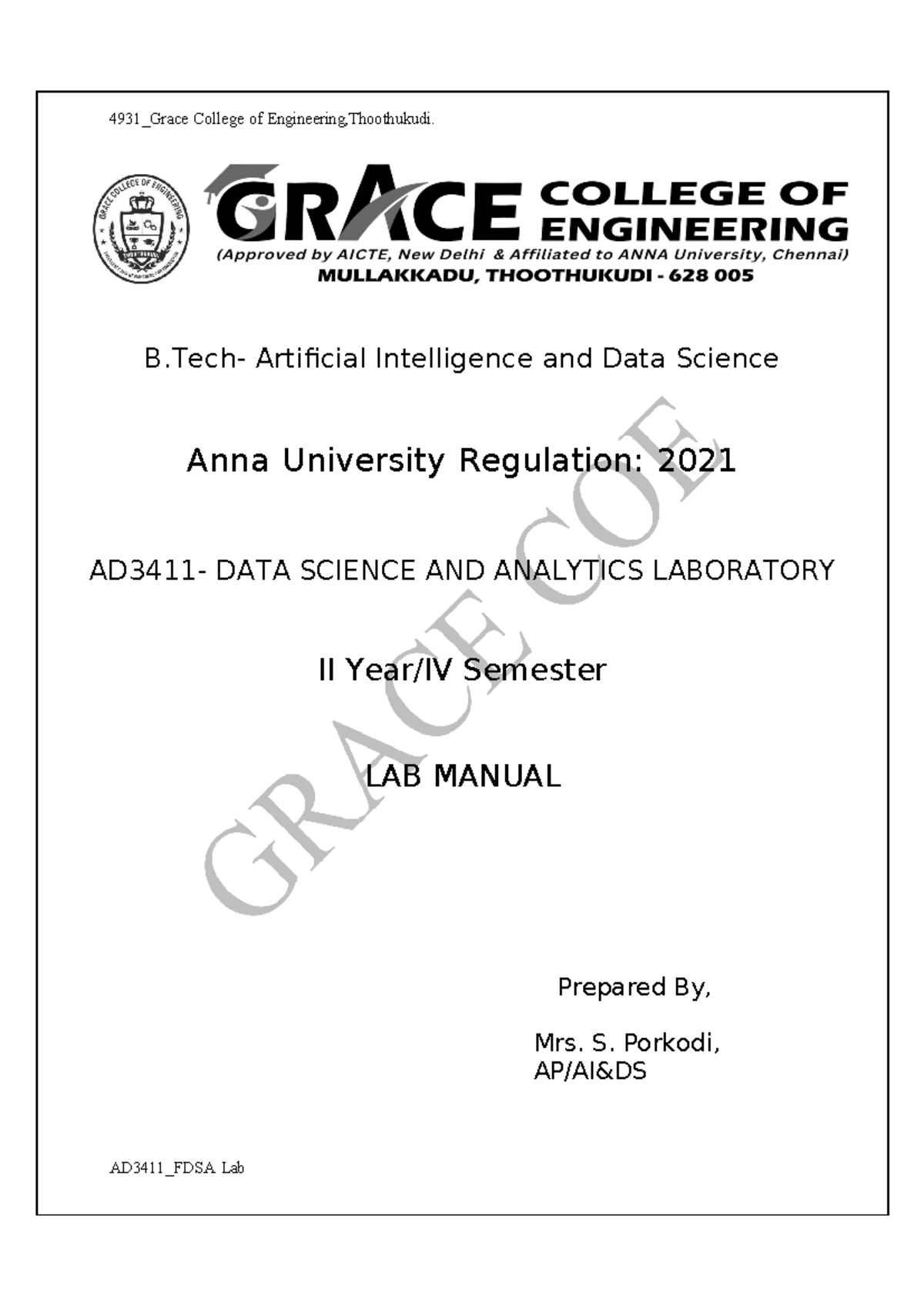 AD3411 - Data Science and Analytics Lab Manual: Experiments and Outputs - Studocu