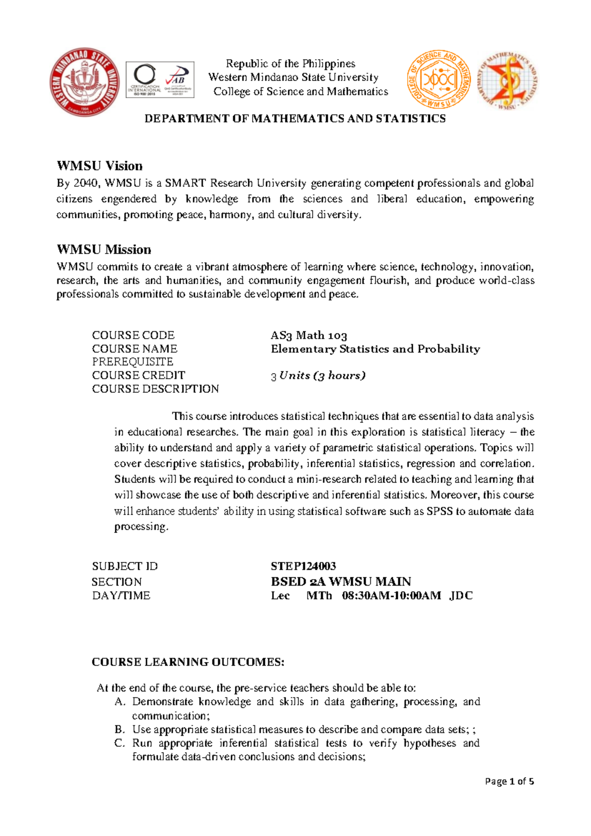 Content Outline for AS3 Math 103: Elementary Stats & Probability - Studocu