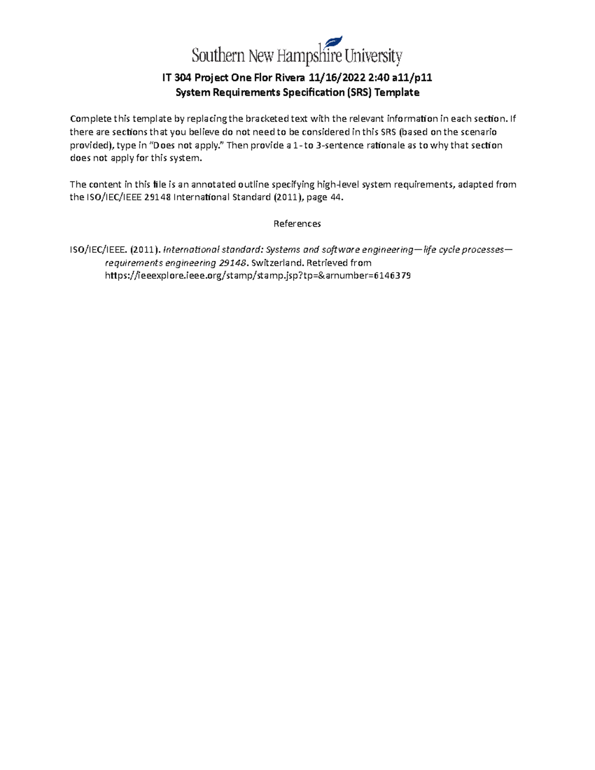 IT 304 Project One: System Requirements Specification Template - Studocu