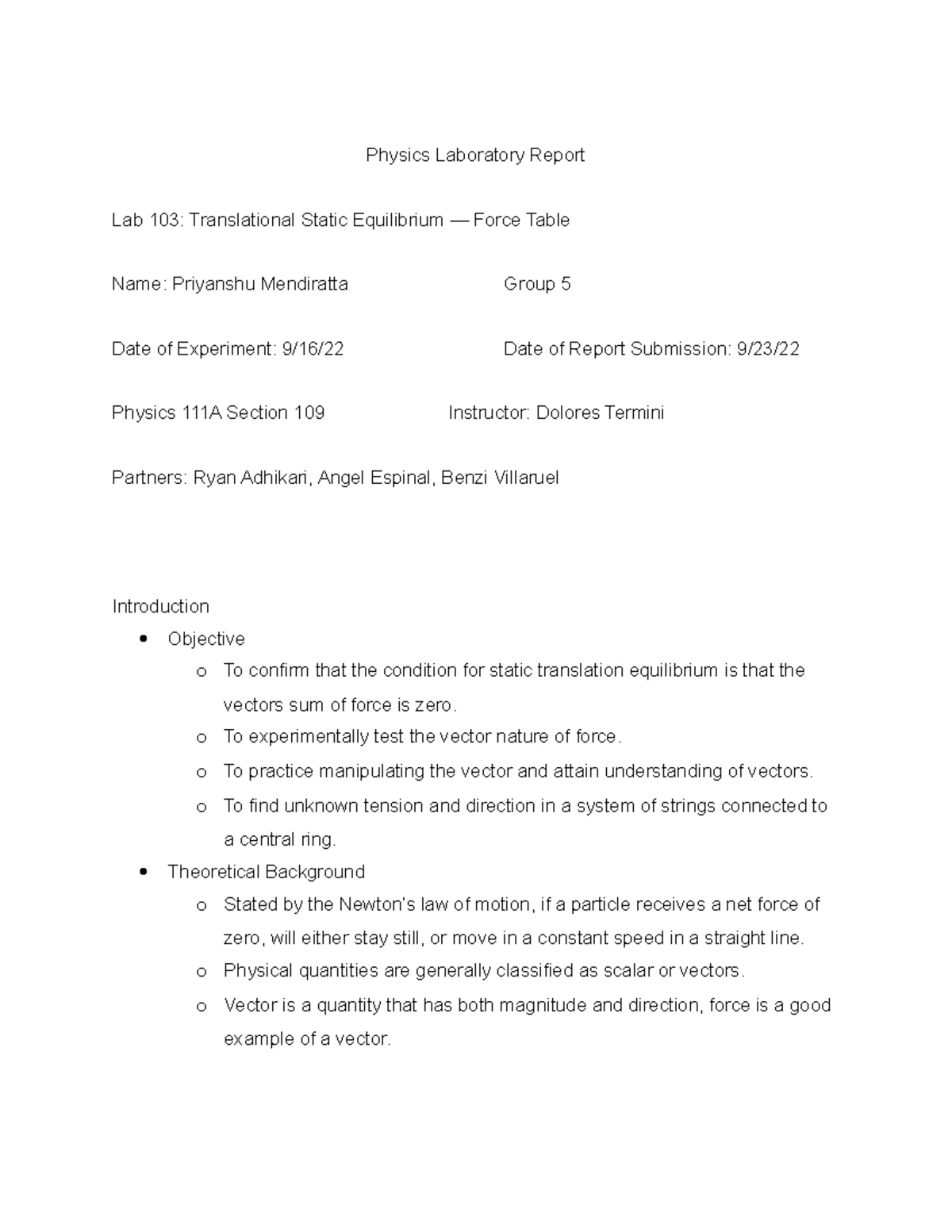 Lab 103 Translational Static Equilibrium—Force Table - Physics Laboratory Report Lab 103: - Studocu