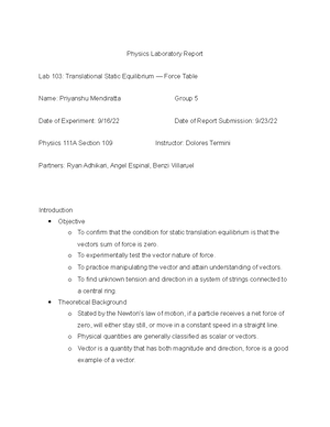 Lab 111 Projectile Motion - Physics Laboratory Report Title (5 points ...