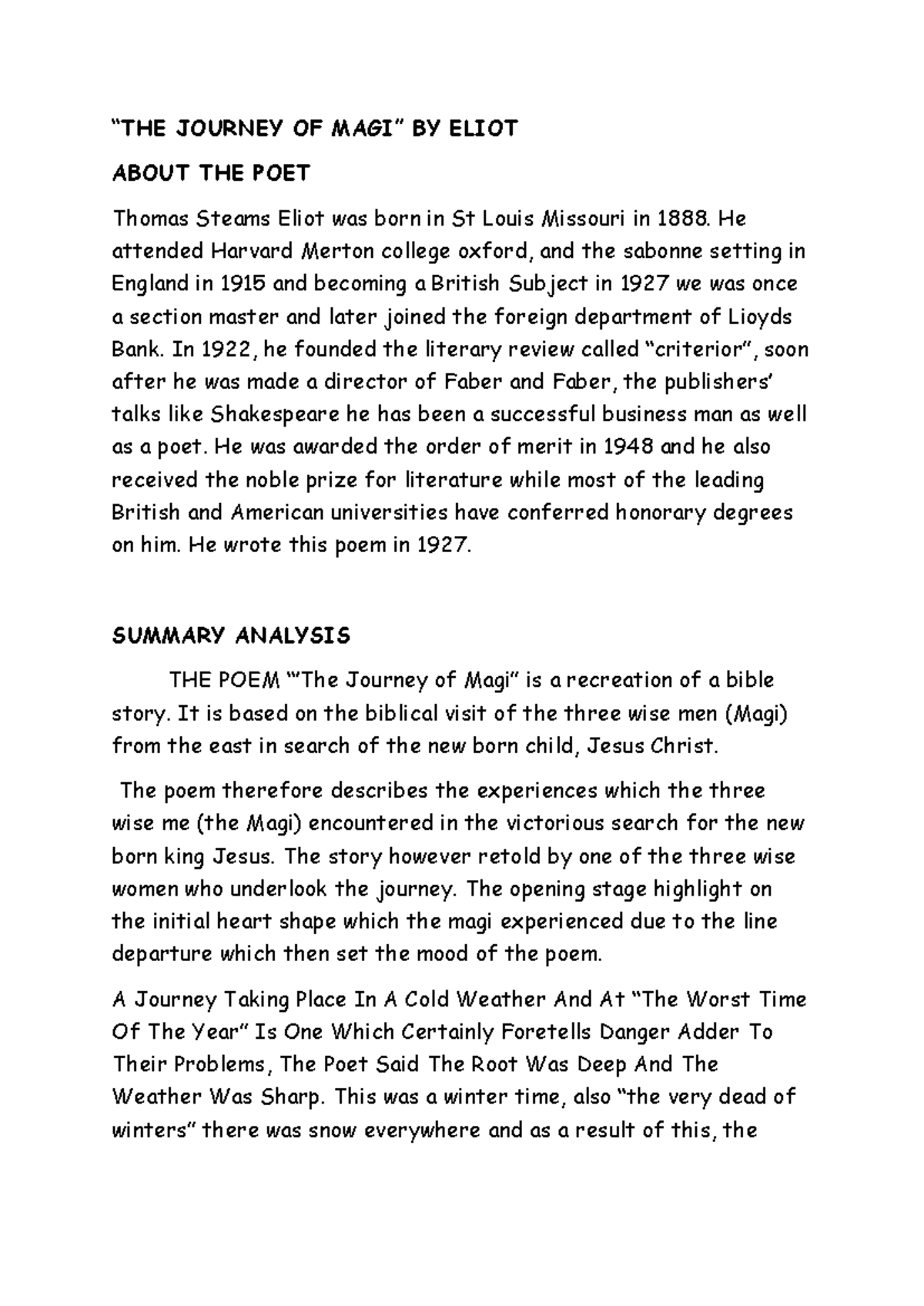 LIT 101: Analysis of T.S. Eliot's "The Journey of the Magi" - Studocu