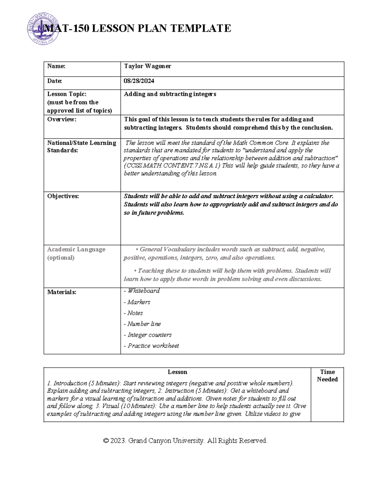 MAT-150 Lesson Plan: Adding and Subtracting Integers Overview - Studocu