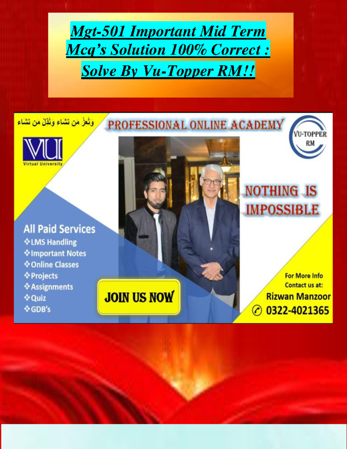 MGT501 Important MCQs for Midterm Exam - Vu-Topper RM Solutions - Studocu