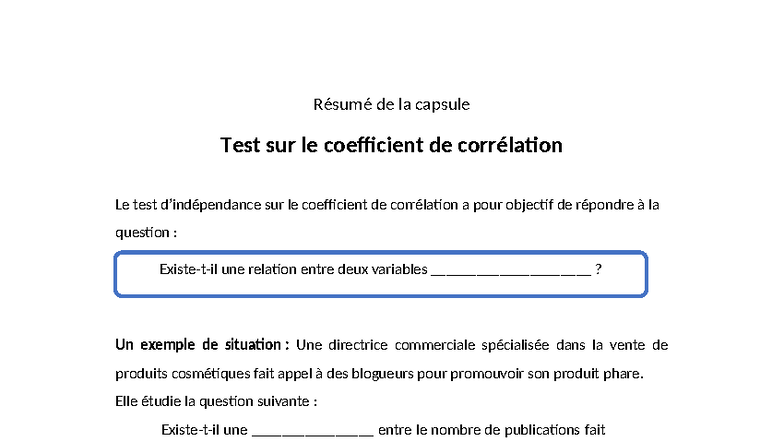 Test sur le coefficient de corrélation : Analyse et Exercices - Studocu