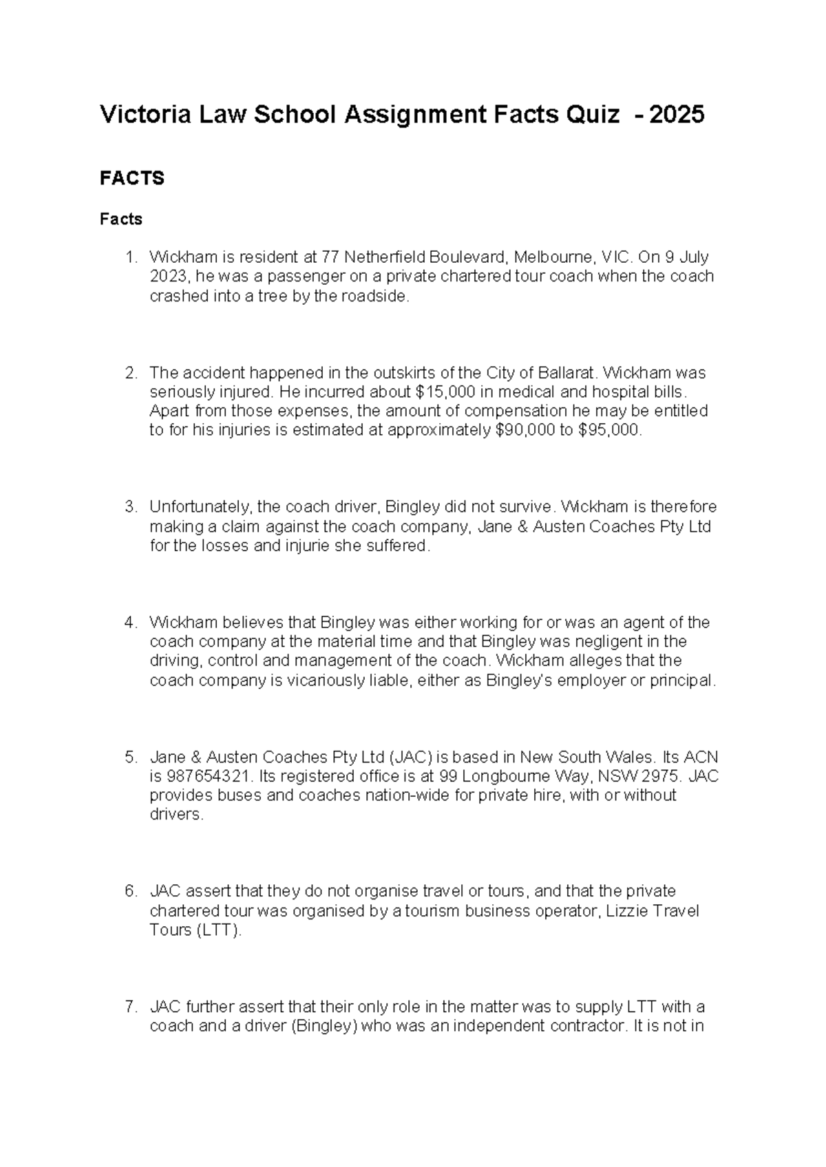 Victoria Law School Assignment Quiz 2 - 2025: Wickham's Injury Claim ...