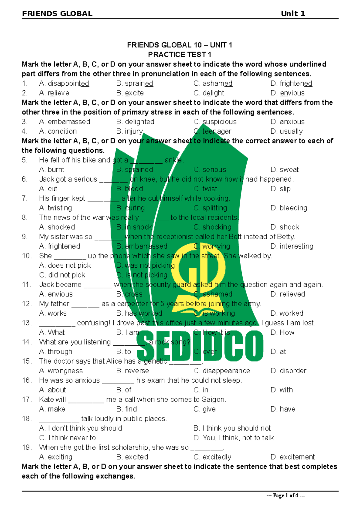 FRIENDS GLOBAL 10 - UNIT 1 - PRACTICE TEST 1 - QUESTIONS & ANSWERS ...
