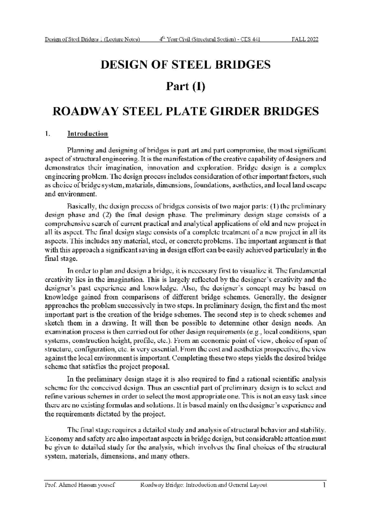 Design of Steel Bridges (Lecture Notes) CES 441 - Fall 2022 - Studocu