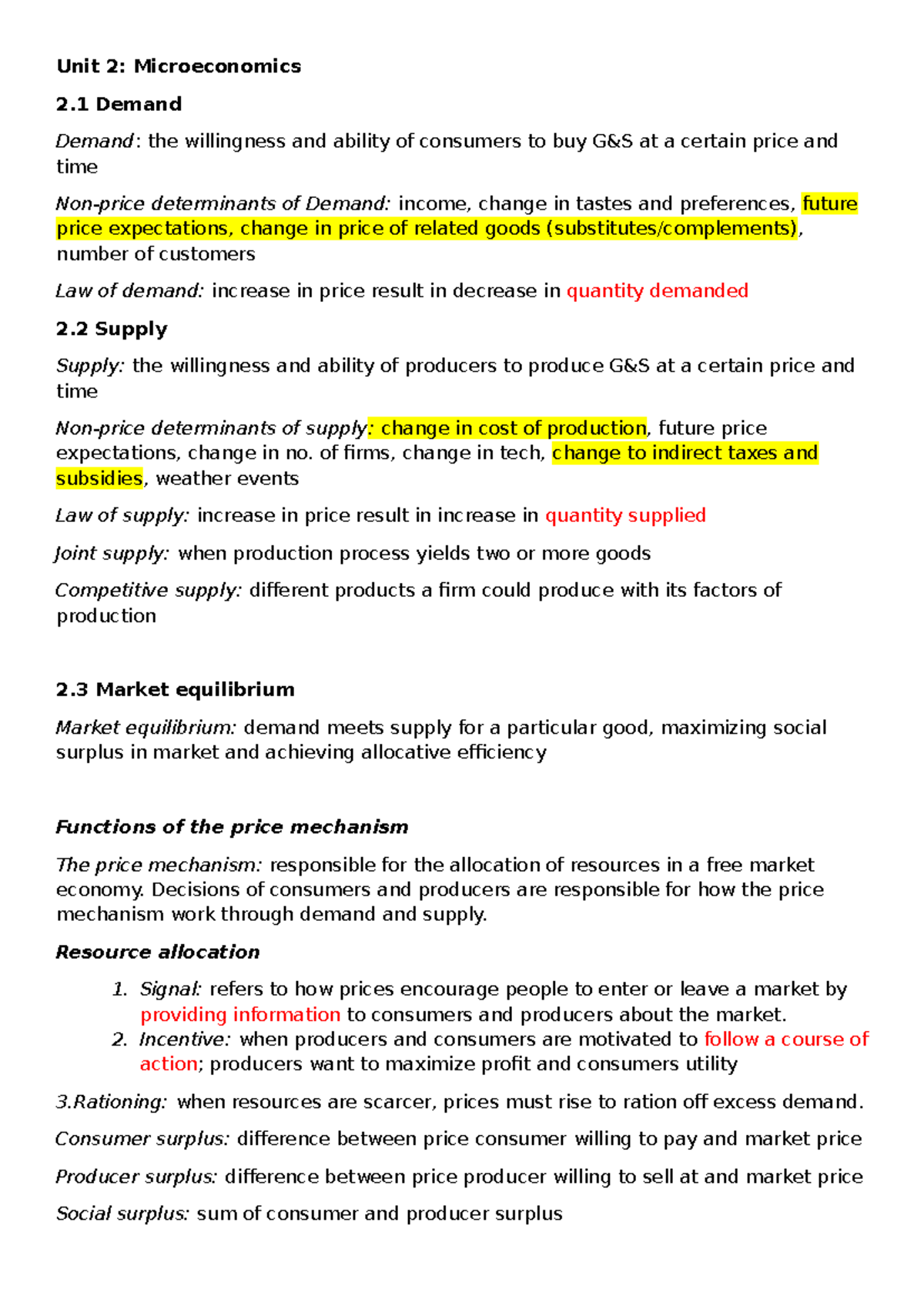 Unit 2 - 2.1, 2.2, 2.3 demand supply market equilibrium - Unit 2 ...