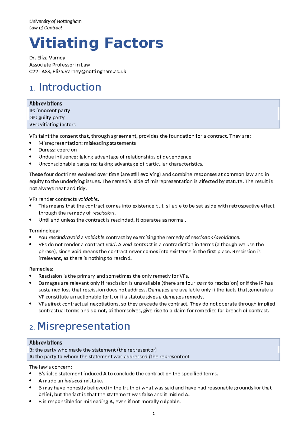 Law of Contract Vitiating Factors Lecture Notes C22 LASS - Studocu