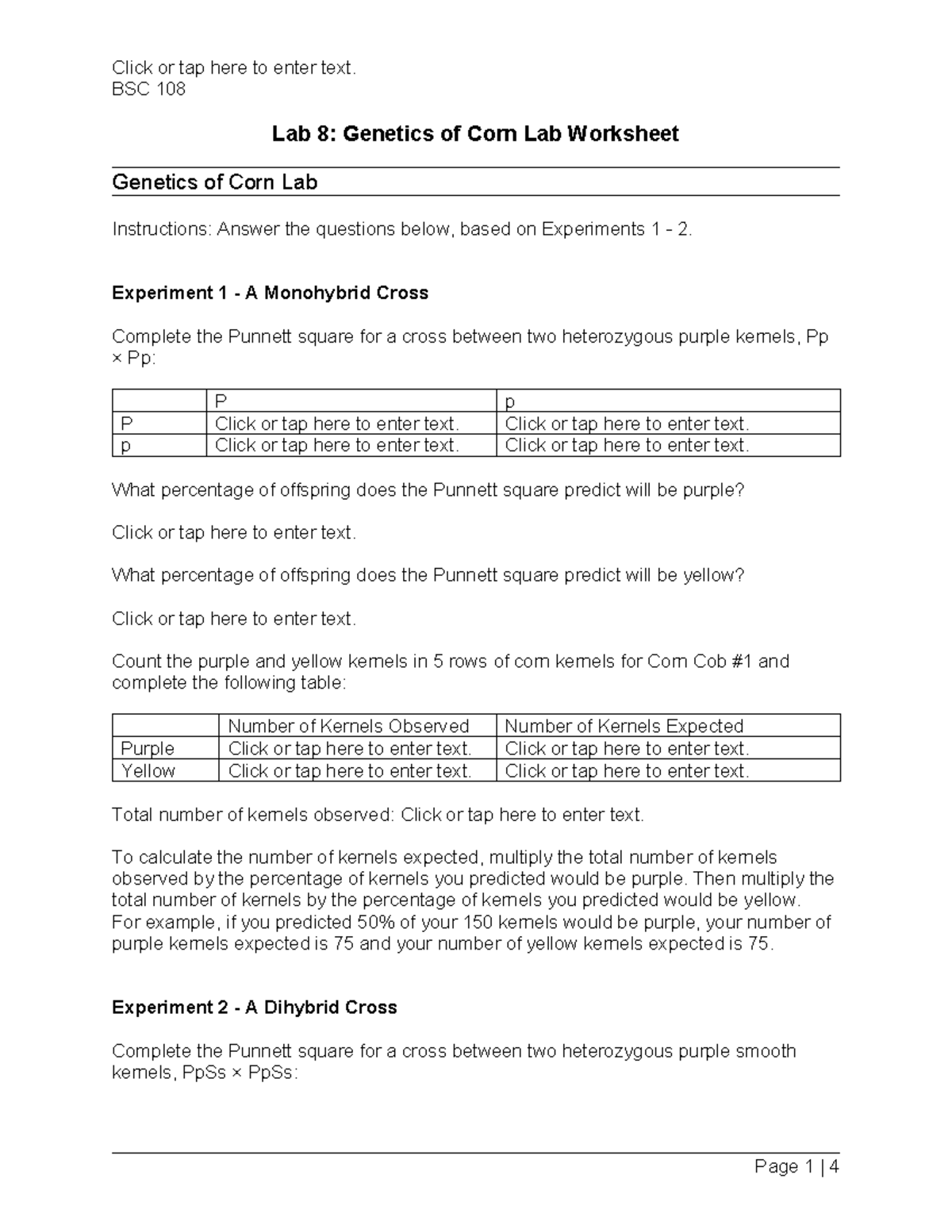 Lab 8 Genetics of Corn Worksheet - BSC 108 Lab 8: Genetics of Corn Lab ...