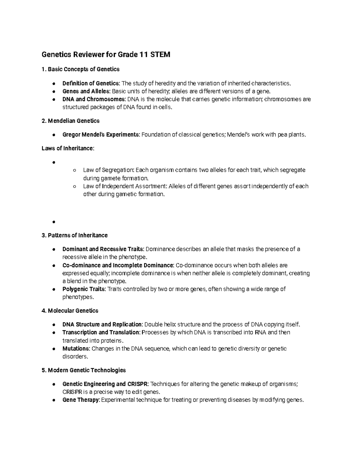 Genetics Reviewer - Grade 11 STEM Overview and Key Concepts - Studocu