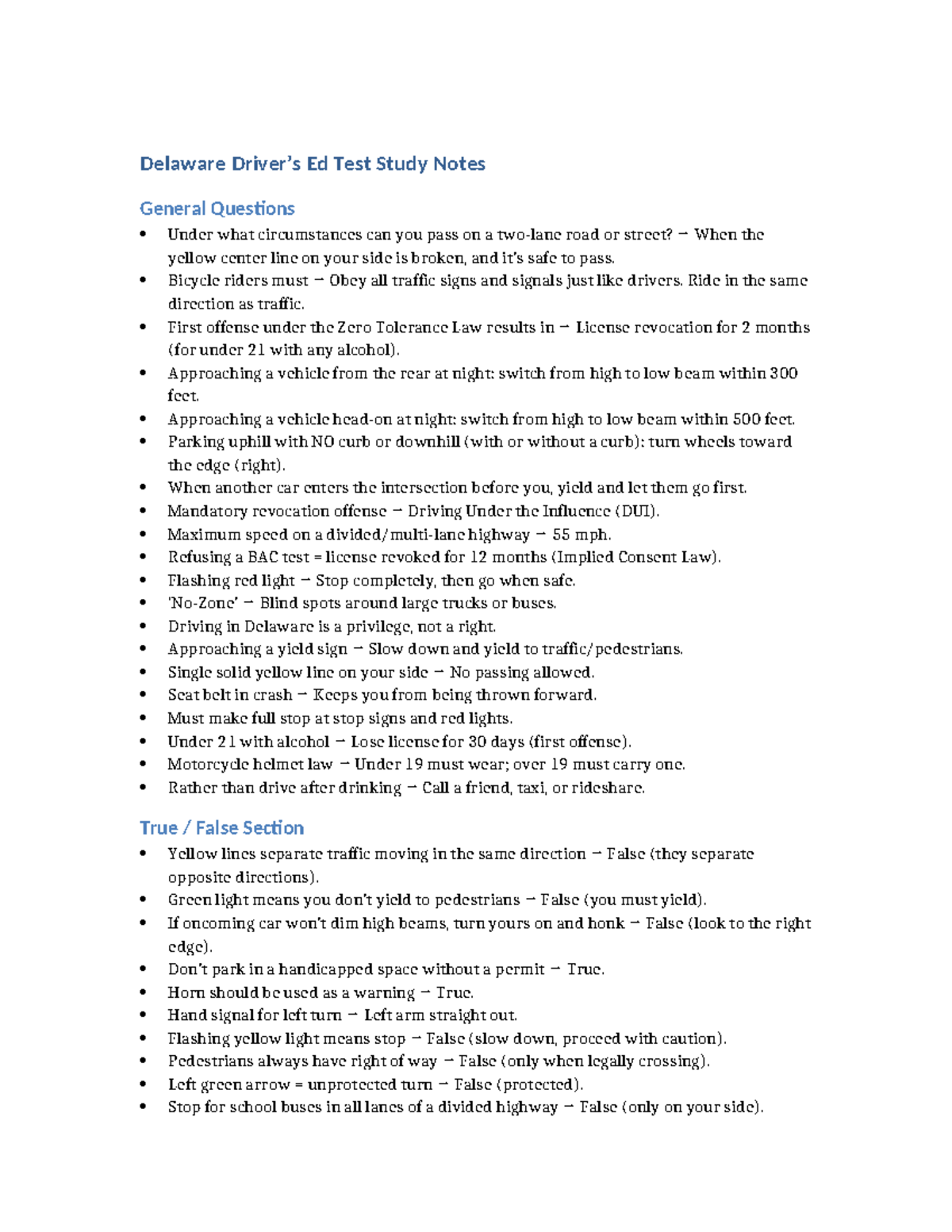 Delaware Drivers Ed Study Notes: Key Traffic Rules & Laws - Studocu