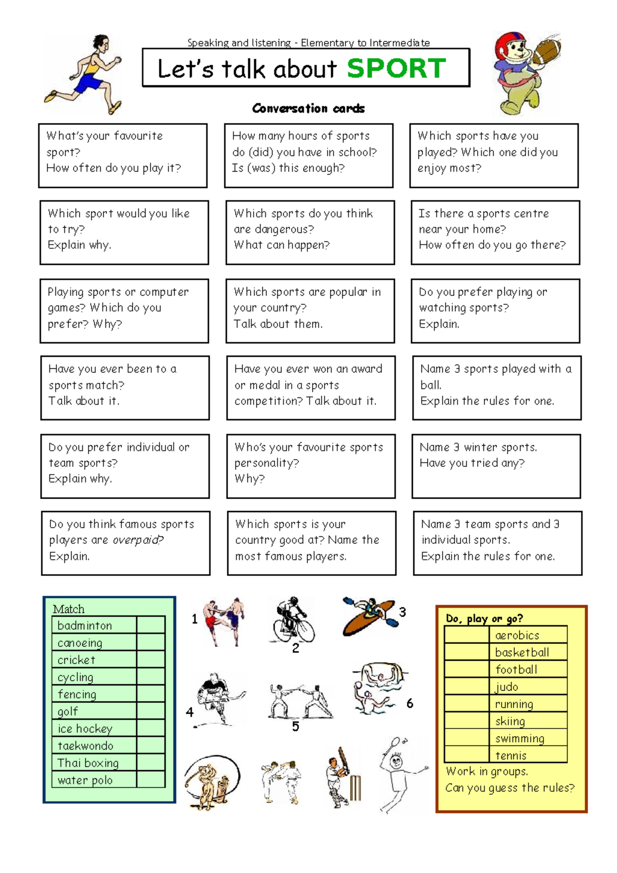 Deporte - Conversation Cards for Elementary to Intermediate Learners ...