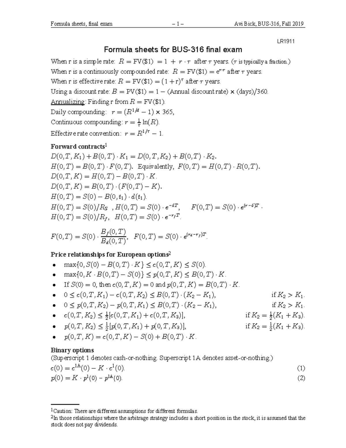 BUS-316 Final Exam Formula Sheets – Fall 2019 by Avi Bick - Studocu
